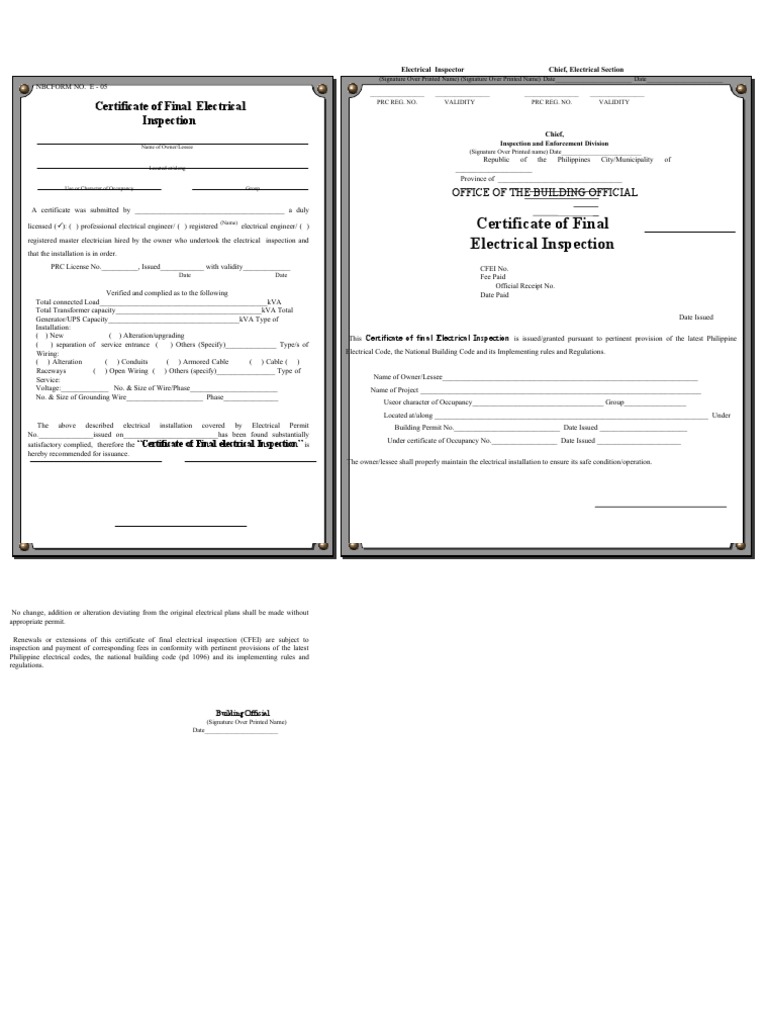 Certificate of Final Electrical Inspection | PDF | Electrical Wiring ...