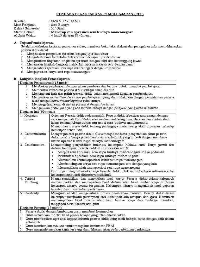 RPP SBK X Menerapkan Apresiasi Mancanegara | PDF