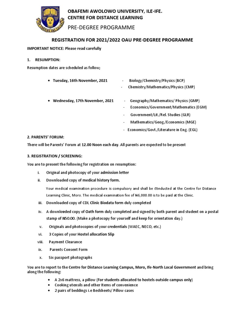 Pre-Degree Programme: Obafemi Awolowo University, Ile-Ife. Centre For ...