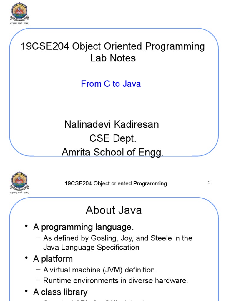 19cse204 Object Oriented Programming Lab Notes From C To Java Pdf