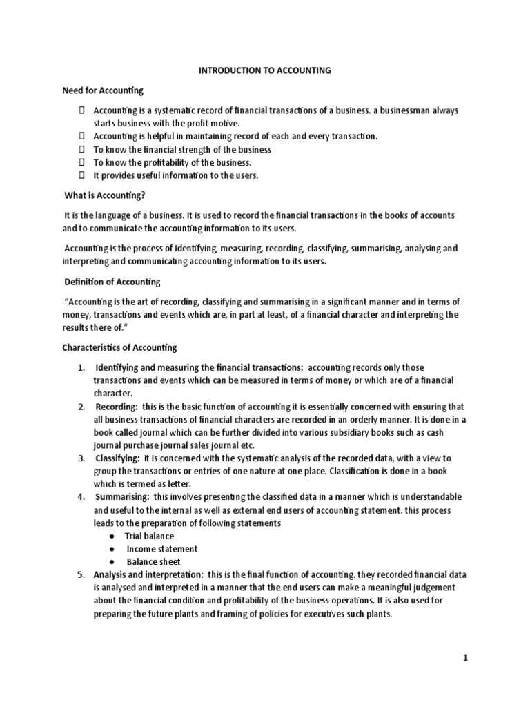 Notes On Introduction To Accounting | PDF | Bookkeeping | Accounting