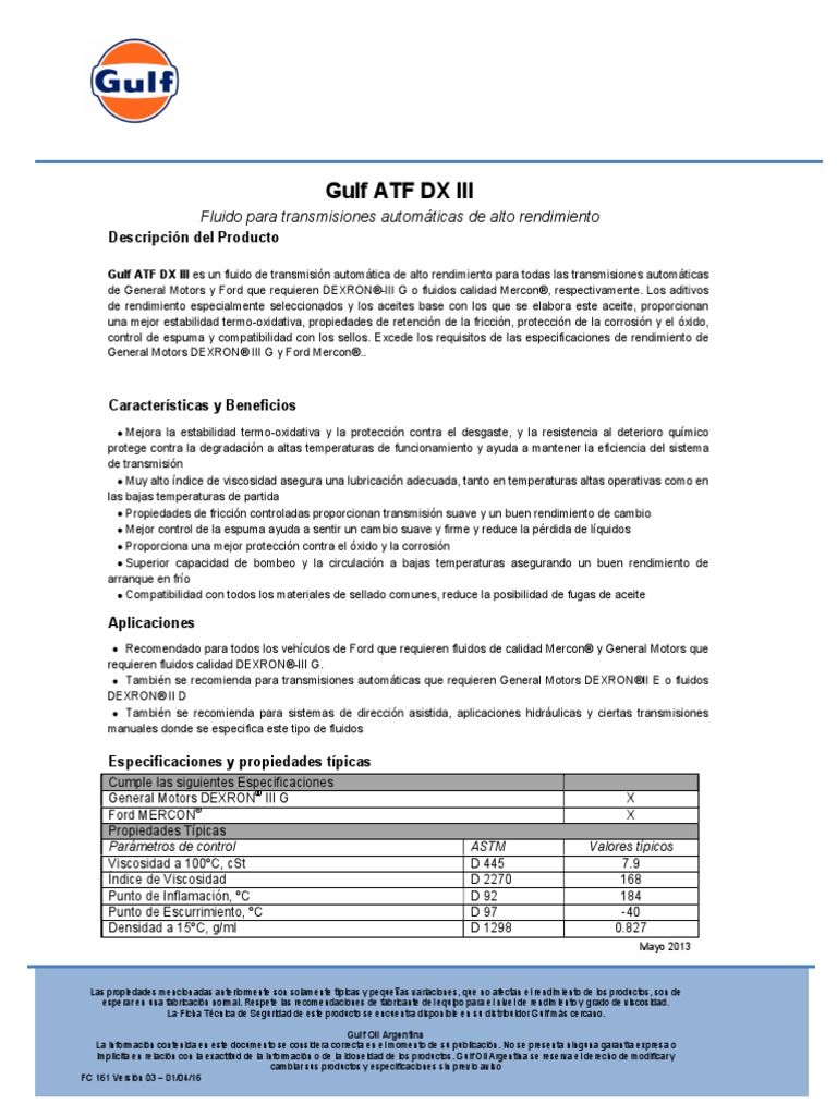 ATF DX III Gulf | PDF | Transmisión automática | Transmisión (Mecánica)
