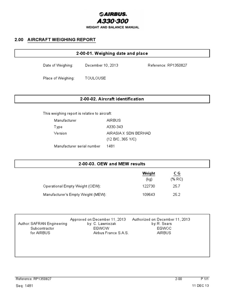 Aircraft Weighing Report 2.00: Weight CG | PDF | Weight | Airbus