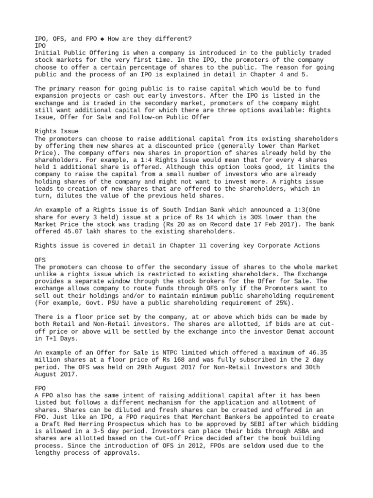 OFS, IPO, and FPO: Key Differences | PDF | Stocks | Initial Public Offering