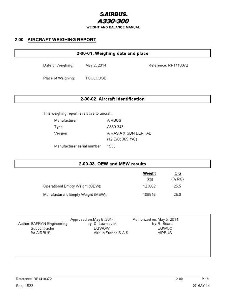 Airbus A330-343 Weighing Report | PDF | Weight | Airbus