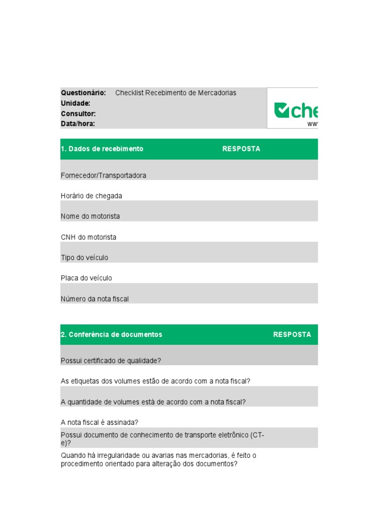 Checklist Recebimento de Mercadorias | PDF | Embalagem e rotulagem