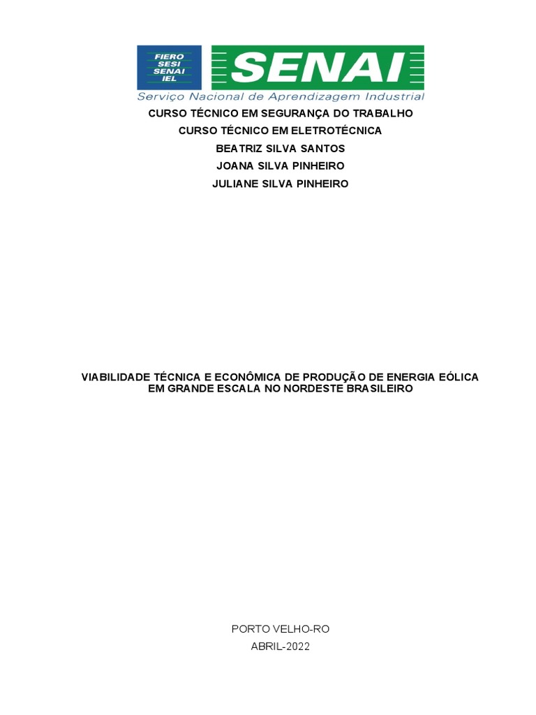 Projeto de TCC - SENAI - 12.07.2022 | PDF | Energia eólica | Parque eólico