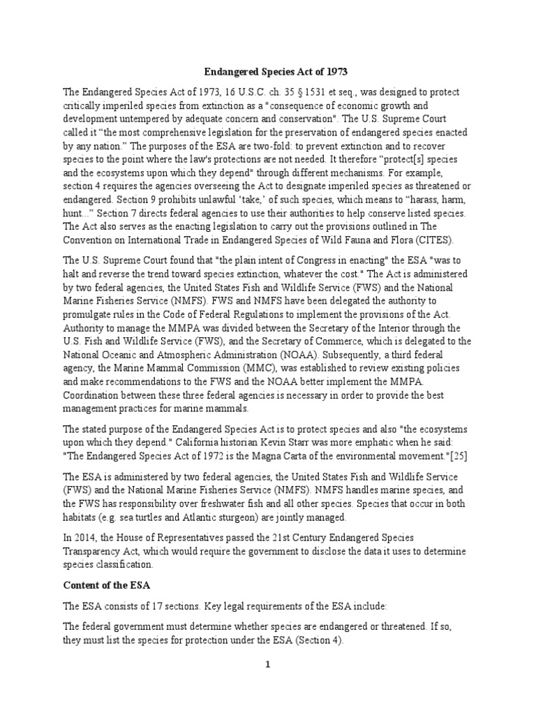 Endangered Species Act Overview | PDF | Endangered Species Act Of 1973 ...