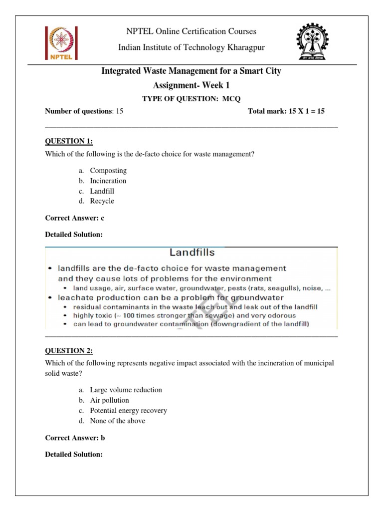 Week - 1 - Assignment and Solution | PDF | Waste Management | Municipal ...