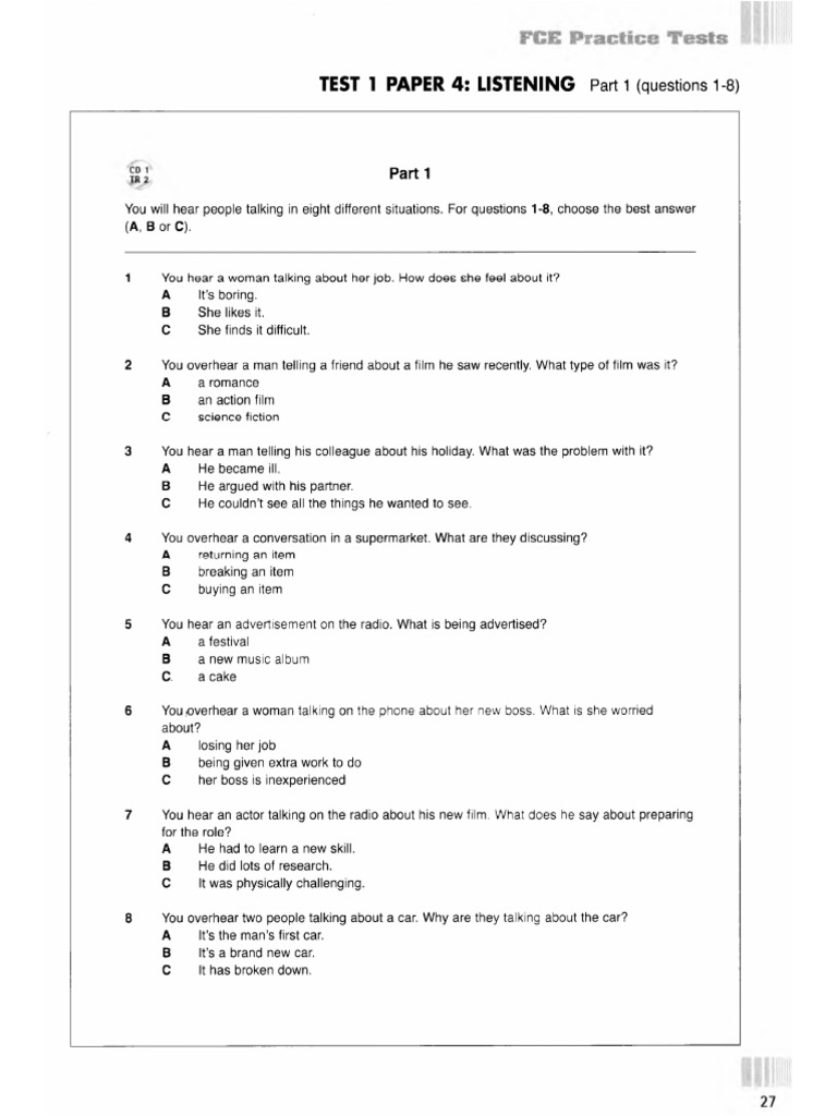 Test 1 Paper 4: Listening: Part 1 (Questions 1-8) | PDF