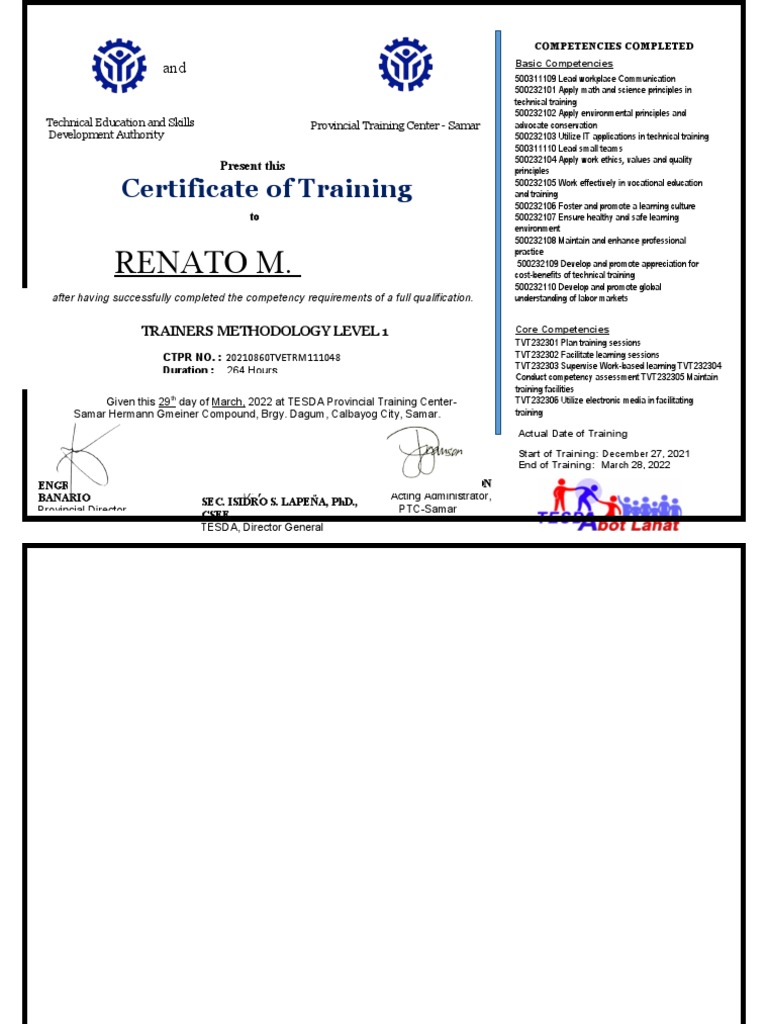 Certificate of Training in Trainers Methodology | PDF | Vocational ...