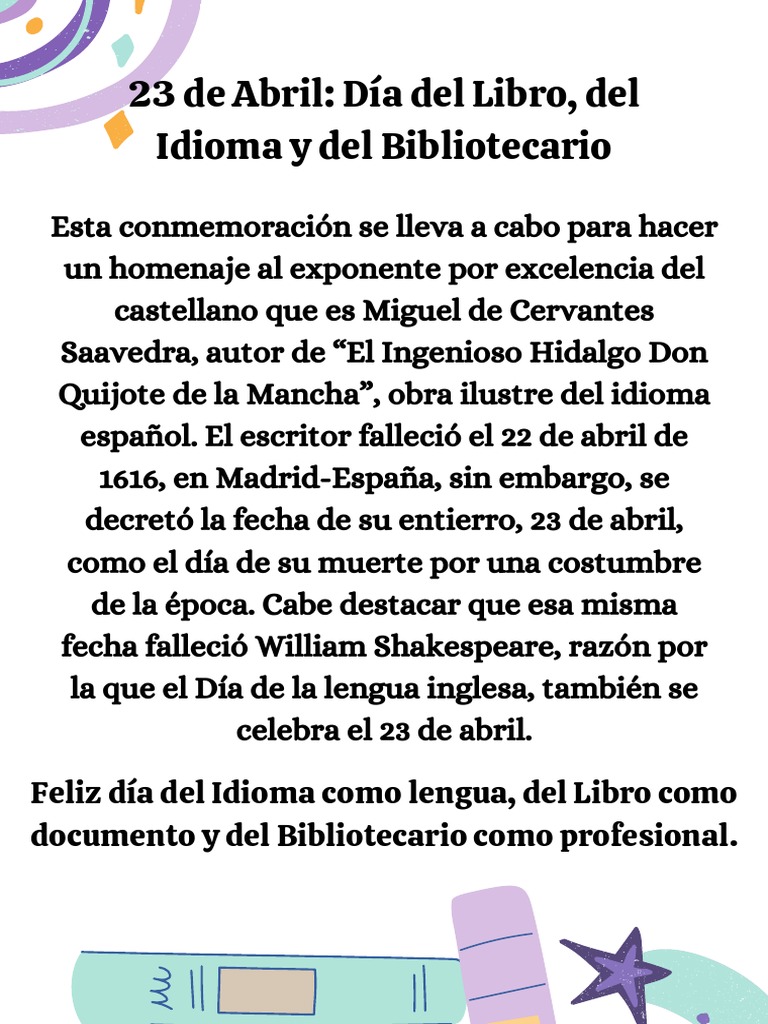 23 de Abril: Día Del Libro, Del Idioma y Del Bibliotecario | PDF