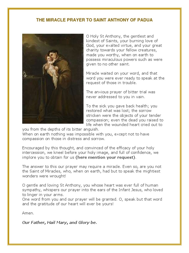 The Miracle Prayer To Saint Anthony of Padua: Our Father, Hail Mary ...