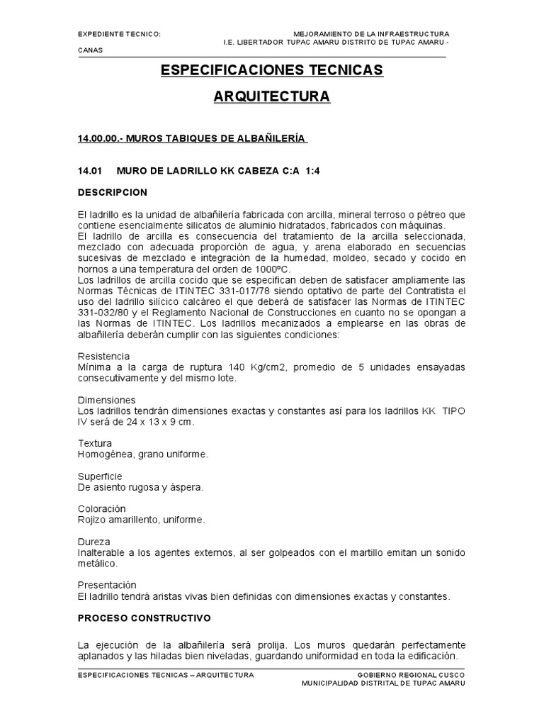 Especificaciones Tecnicas - Arquitectura | PDF | Hormigón | Ladrillo