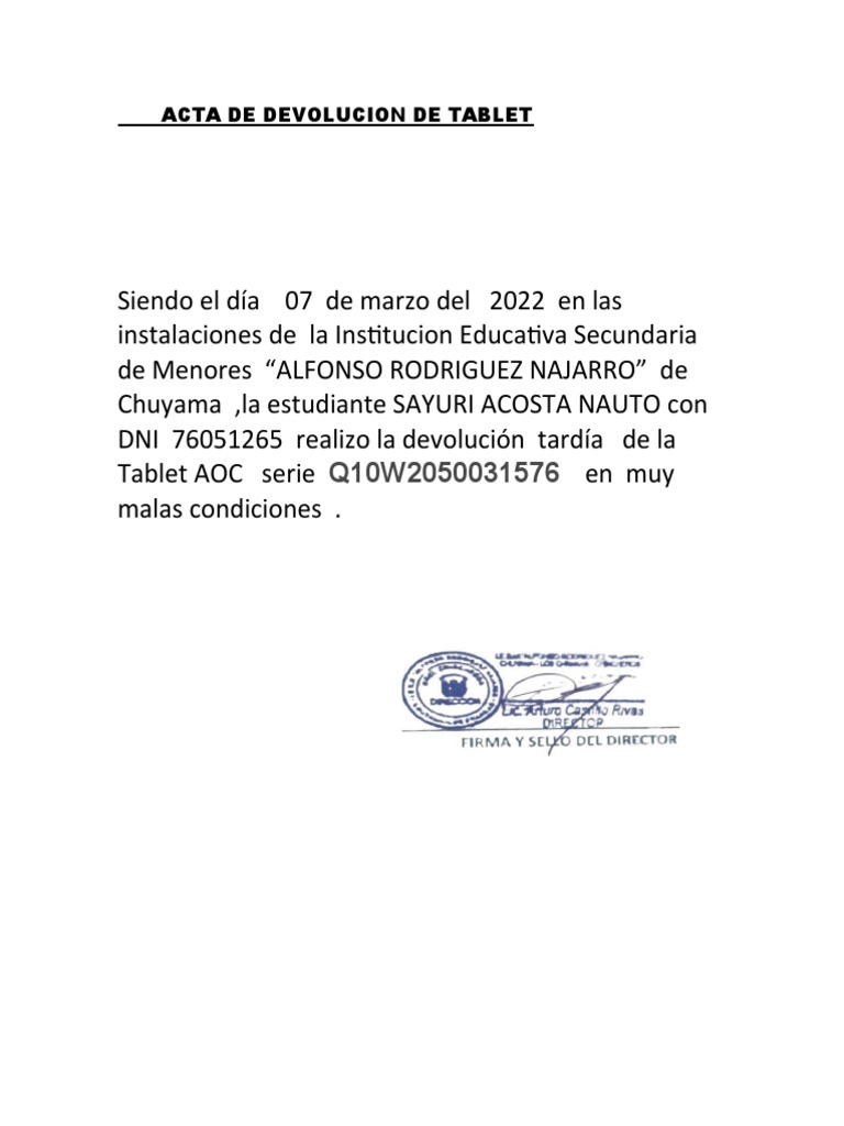 Acta de Devolucion de Tablet | PDF