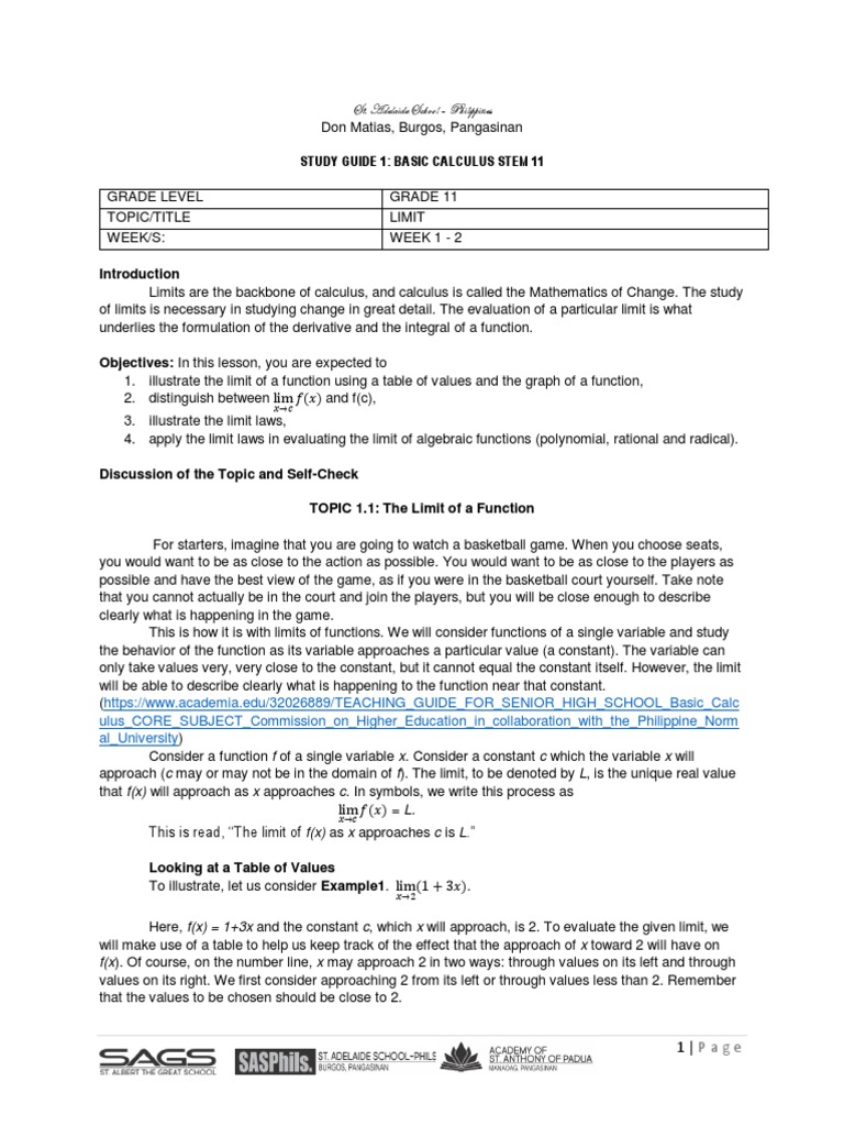 Study Guide 1: Basic Calculus Stem 11 | PDF | Function (Mathematics) | Polynomial