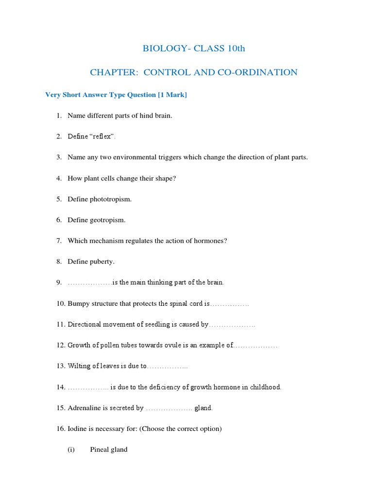 Biology-Class 10Th Chapter: Control and Co-Ordination: Very Short ...