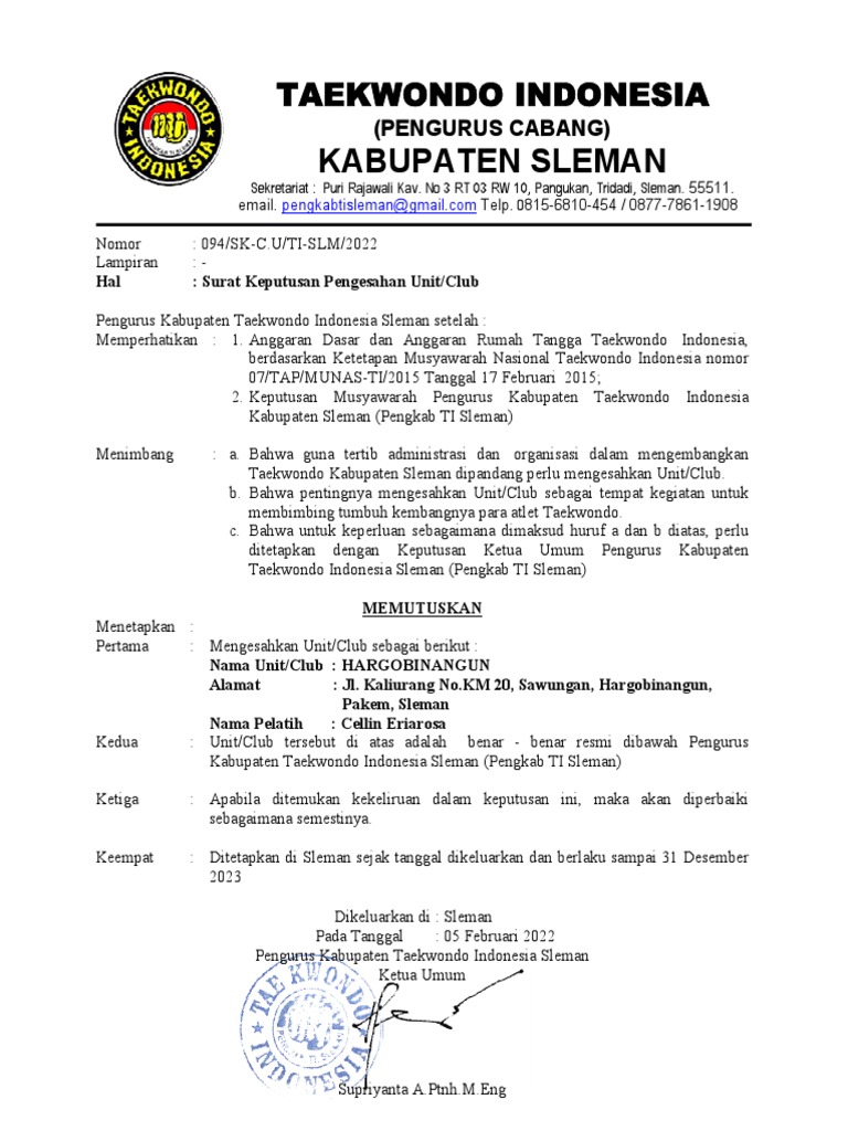 SK Pendirian Unit - Club Taekwondo Hargobinangun | PDF