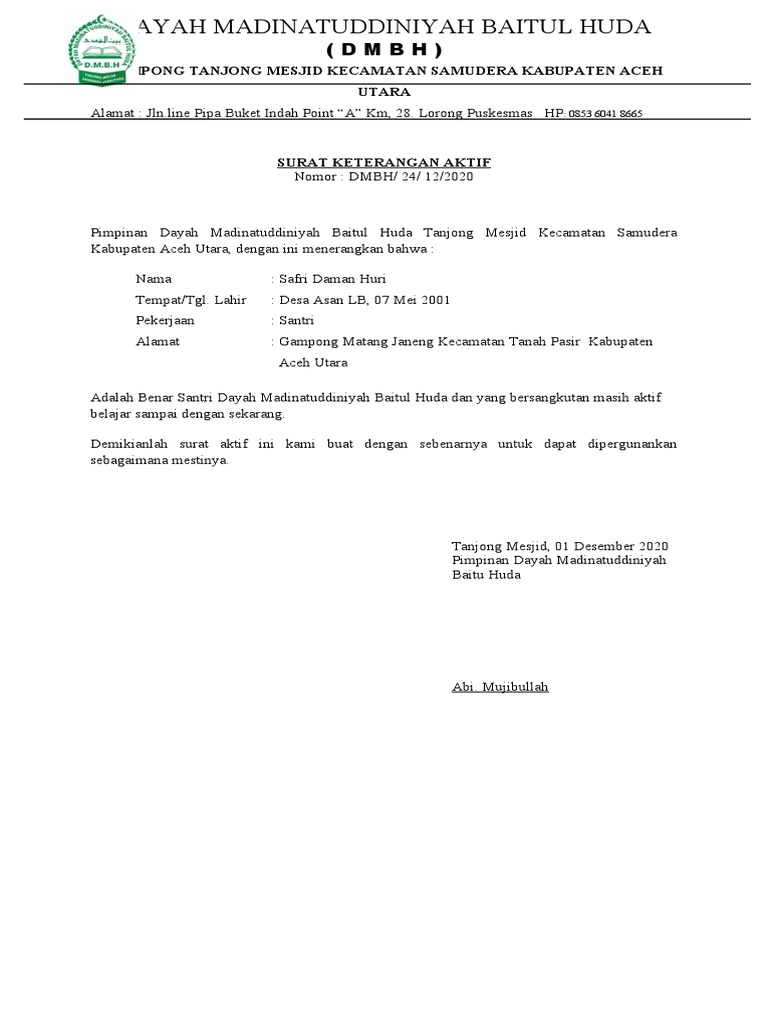 Surat Keterangan Santri Aktif DMBH | PDF