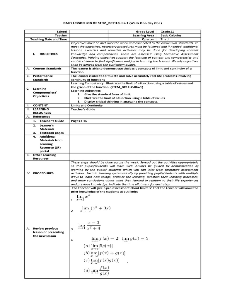 BASIC CALCULUS DLL Sample | PDF | Teachers | Learning