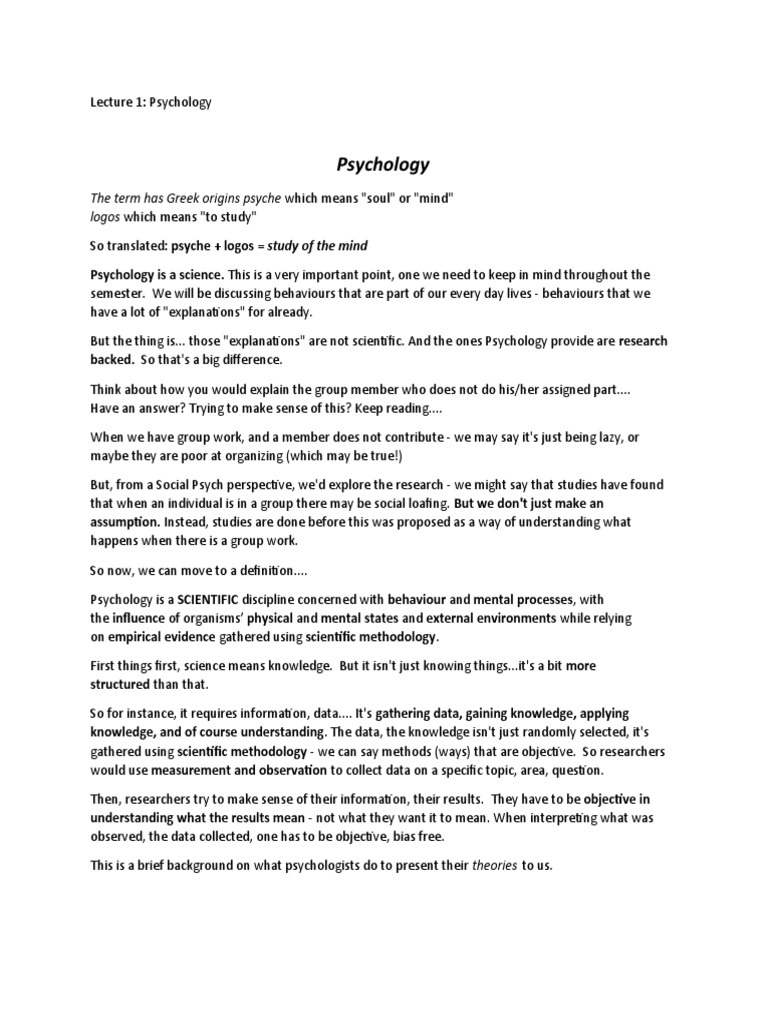 Lecture 1 Intro To Psychology | PDF | Psychology | Psychological Concepts