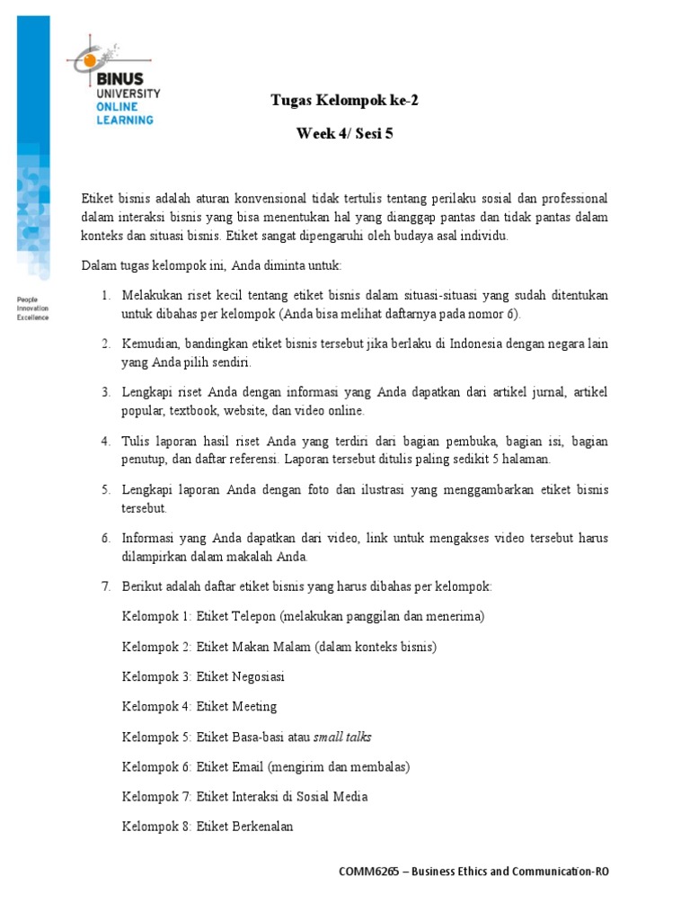 Tugas Kelompok Ke-2 Week 4/ Sesi 5: COMM6265 - Business Ethics and ...