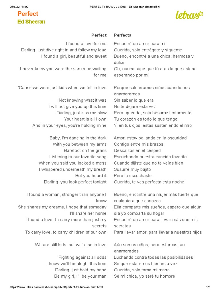 PERFECT (TRADUCCIÓN) - Ed Sheeran (Impresión) | PDF