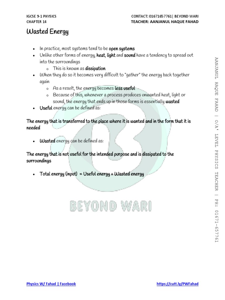 Wasted Energy: Igcse 9-1 Physics CONTACT: 01671657761 - BEYOND WARI ...