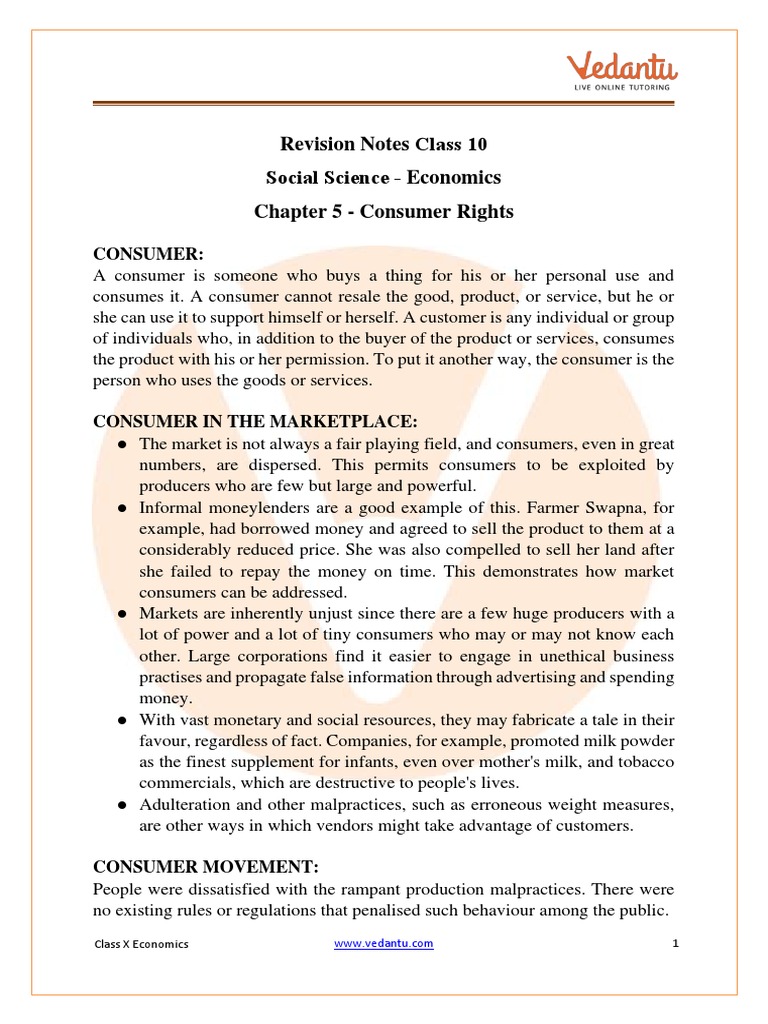 CBSE Class 10 Economics Chapter 5 Notes - Consumer Rights | PDF ...
