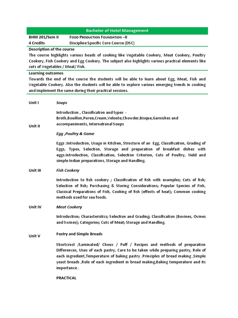 BHM 201 Syllabus | PDF | Cooking | Soup