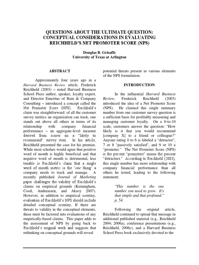 Questions About The Ultimate Question: Conceptual Considerations in ...