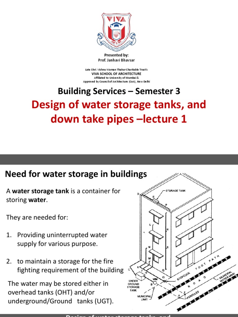 Design of Water Storage Tanks, and Down Take Pipes - Lecture 1 | PDF ...