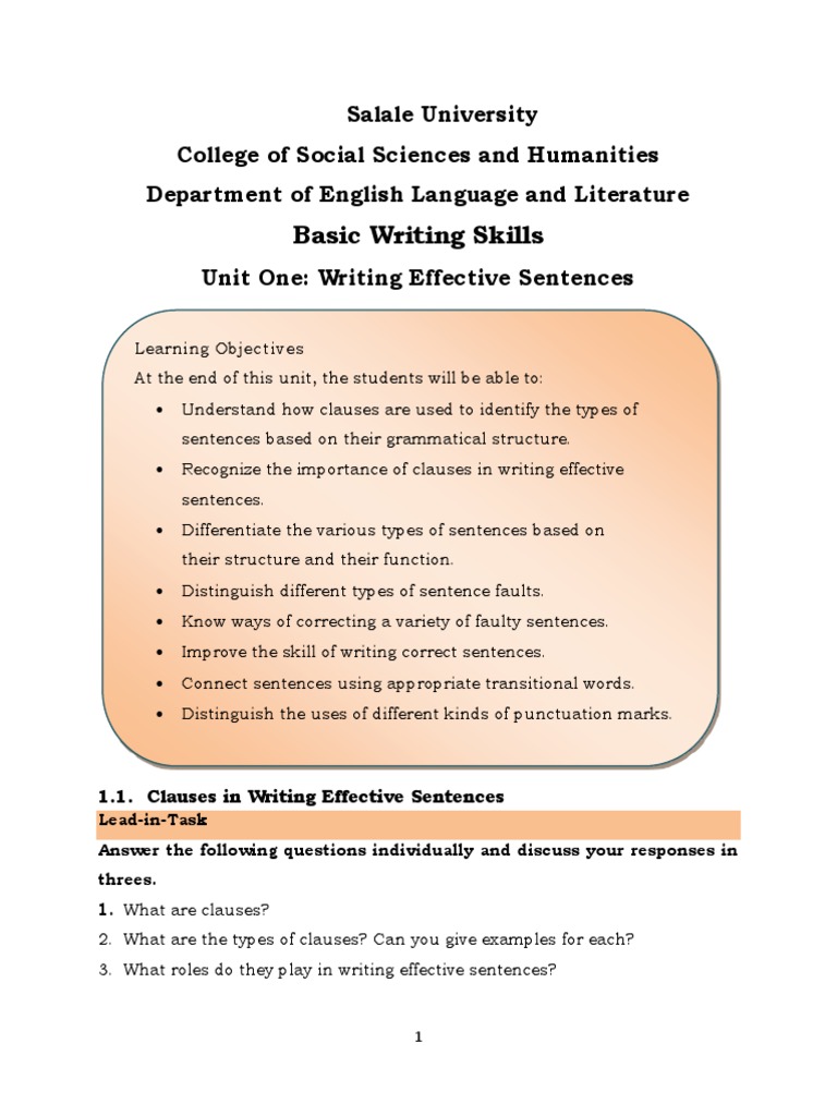 Basic Writing Skills: Sentence Structure | PDF | Grammatical Number ...