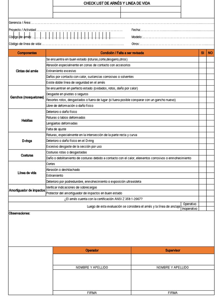 Check List de Arnés y Línea de Vida | PDF