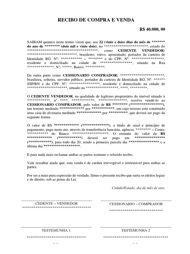 RECIBO DE COMPRA E VENDA Modelo | PDF