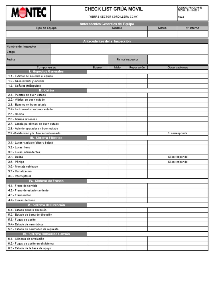 Check List Grua Movil | PDF | Equipo | Ingeniería mecánica