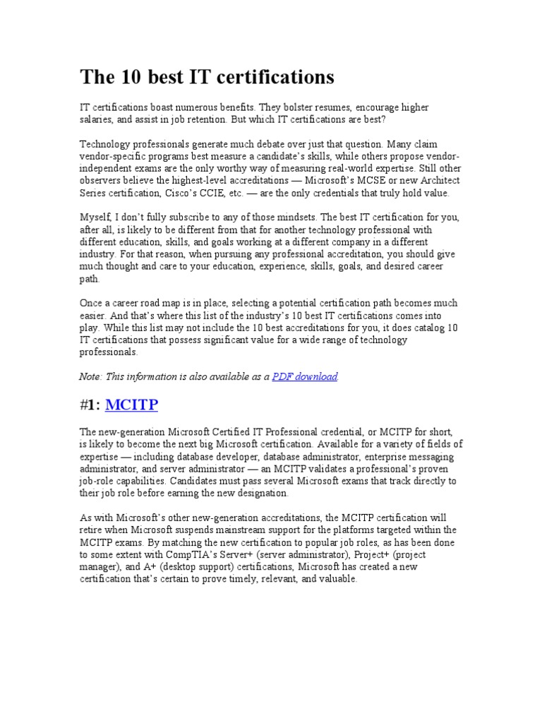 The 10 Best IT Certifications | PDF | Comp Tia | Cisco Certifications