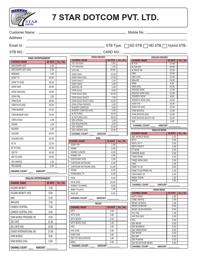 7 Star Dotcom Pvt. LTD.: Customer Name: Address: Email Id: STB No ...