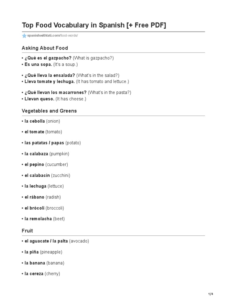 Top Food Vocabulary in Spanish PDF | PDF