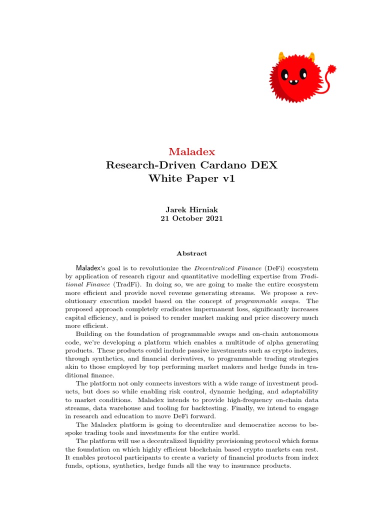 Research-Driven Cardano DEX White Paper v1: Maladex | PDF | Market Liquidity | Market Maker