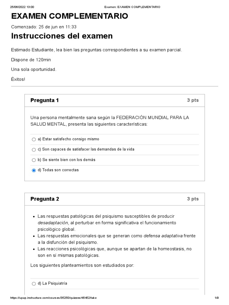 Examen - EXAMEN COMPLEMENTARIO 1 | PDF | Demencia | Esquizofrenia