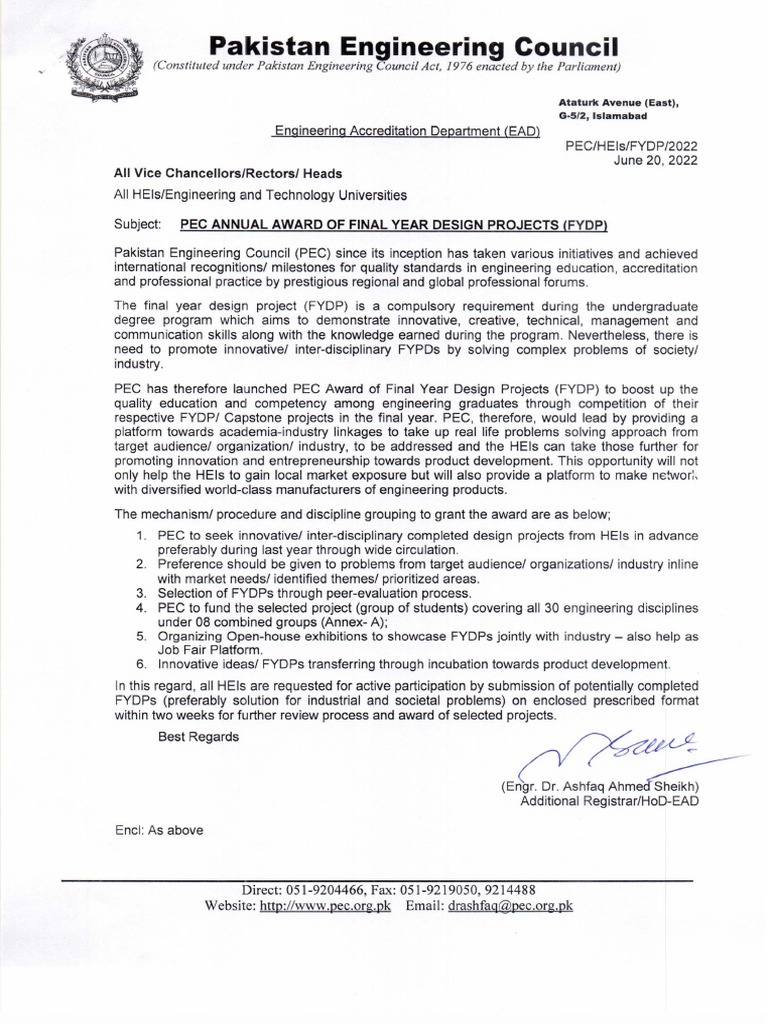 Letter Regarding PEC Annual Award of Final Year Design Projects (FYDP ...