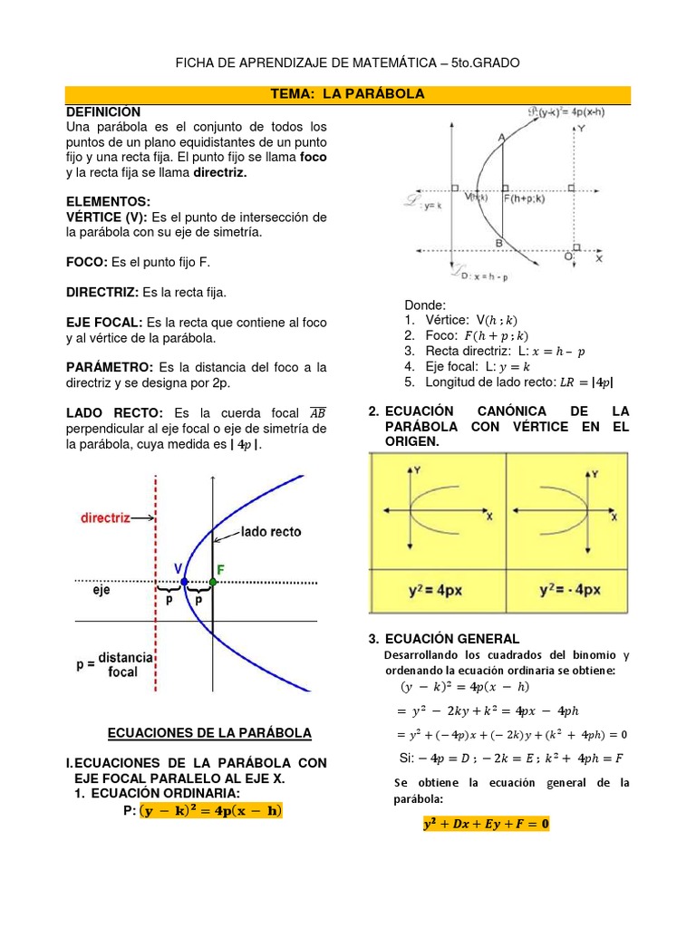 Fórmula matemática para calcular la ecuación de una parábola | PDF ...