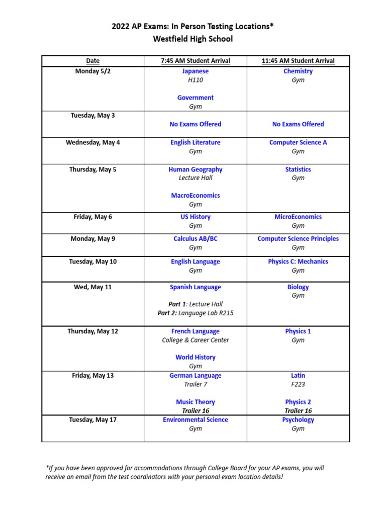 2022 AP Exams: in Person Testing Locations Westfield High School | PDF ...
