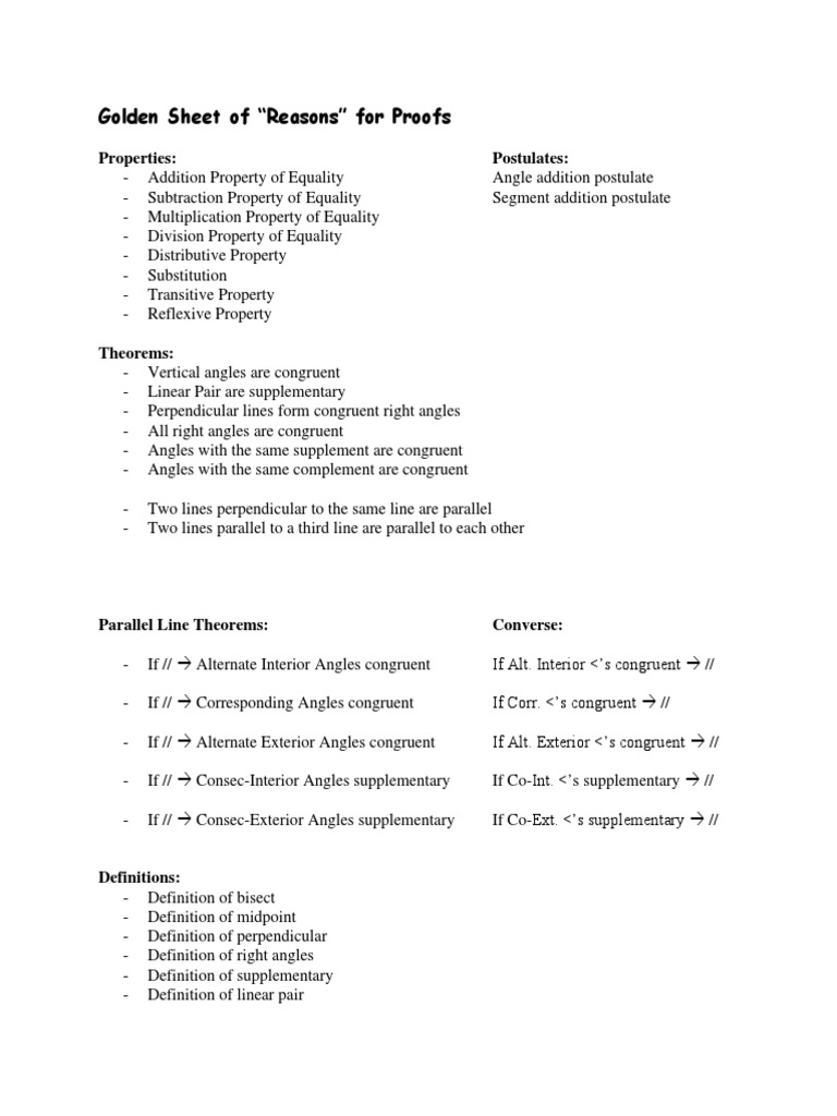 Geometry Proofs Cheat Sheet | PDF | Teaching Methods & Materials
