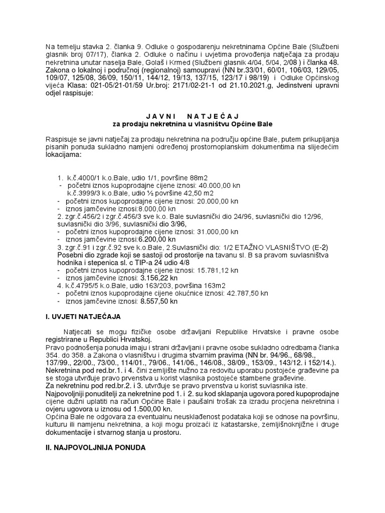 Javni Natječaj Prodaja Nekretnina 26.10. 2021 | PDF