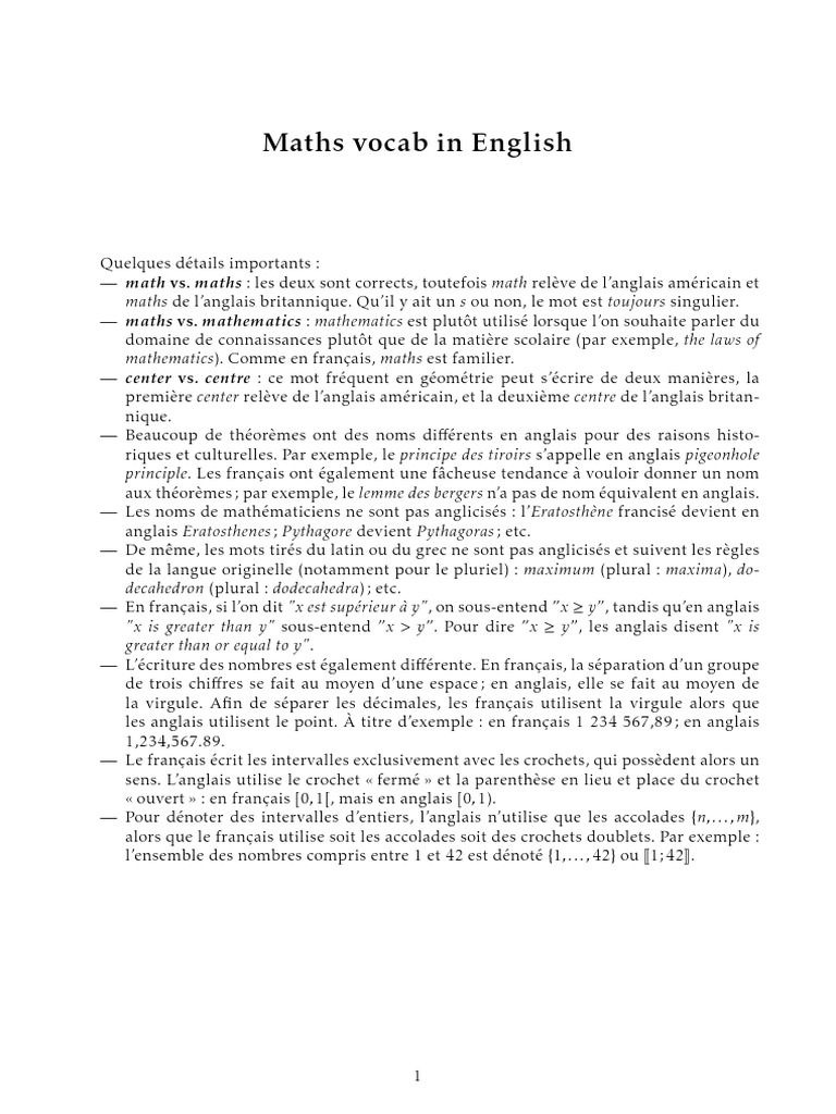 École Polytechnique Bachelor Program - Mathematics FR - EN Vocabulary Sheet | PDF | Cercle ...