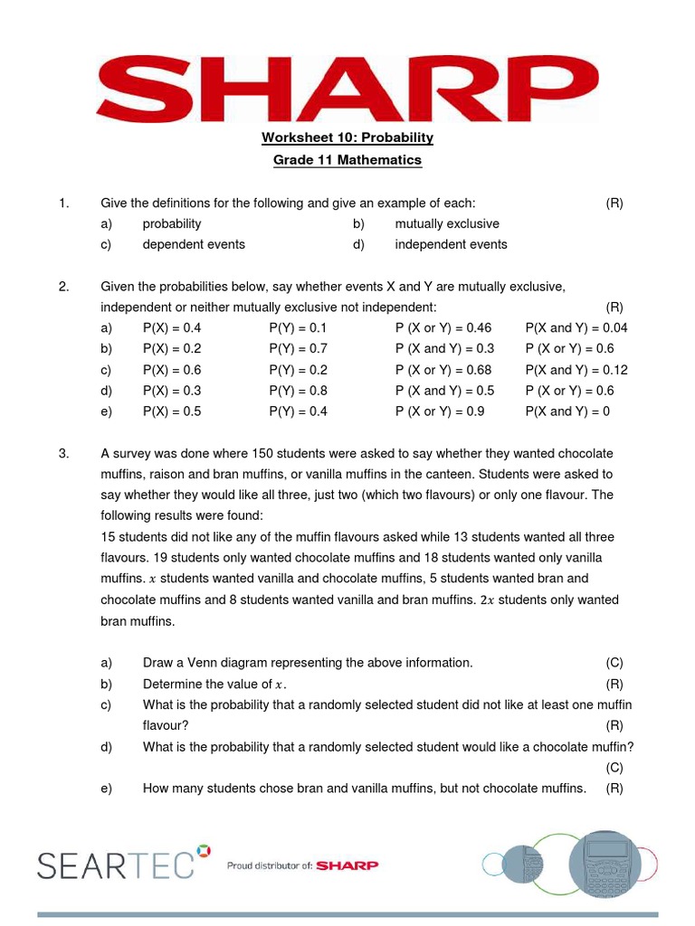 Worksheet 10: Probability Grade 11 Mathematics | PDF