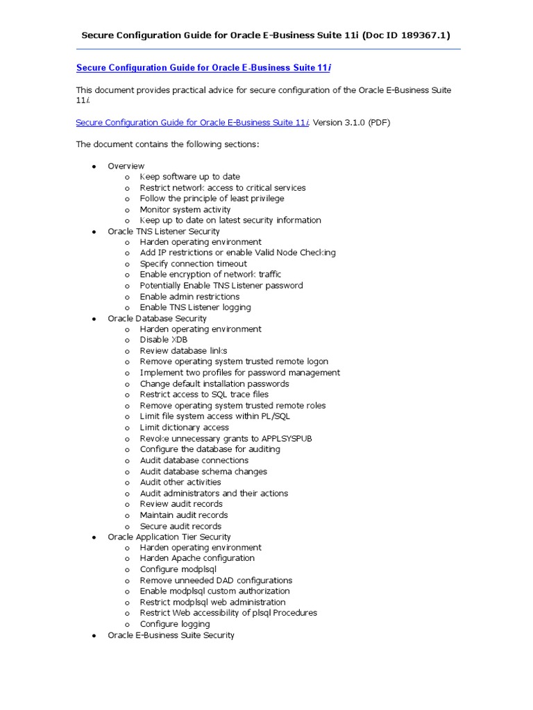 Secure Configuration Guide For Oracle E-Business Suite 11i (Doc ID 189367.1) | PDF | Electronic ...