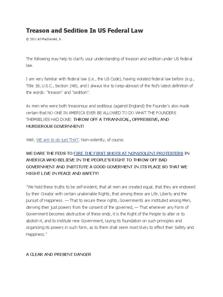 Treason and Sedition in US Federal Law (A People's Guide) | PDF | First ...